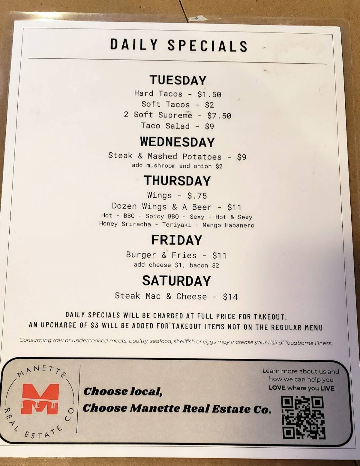 Menu at The Manette Saloon pub & bar, Bremerton