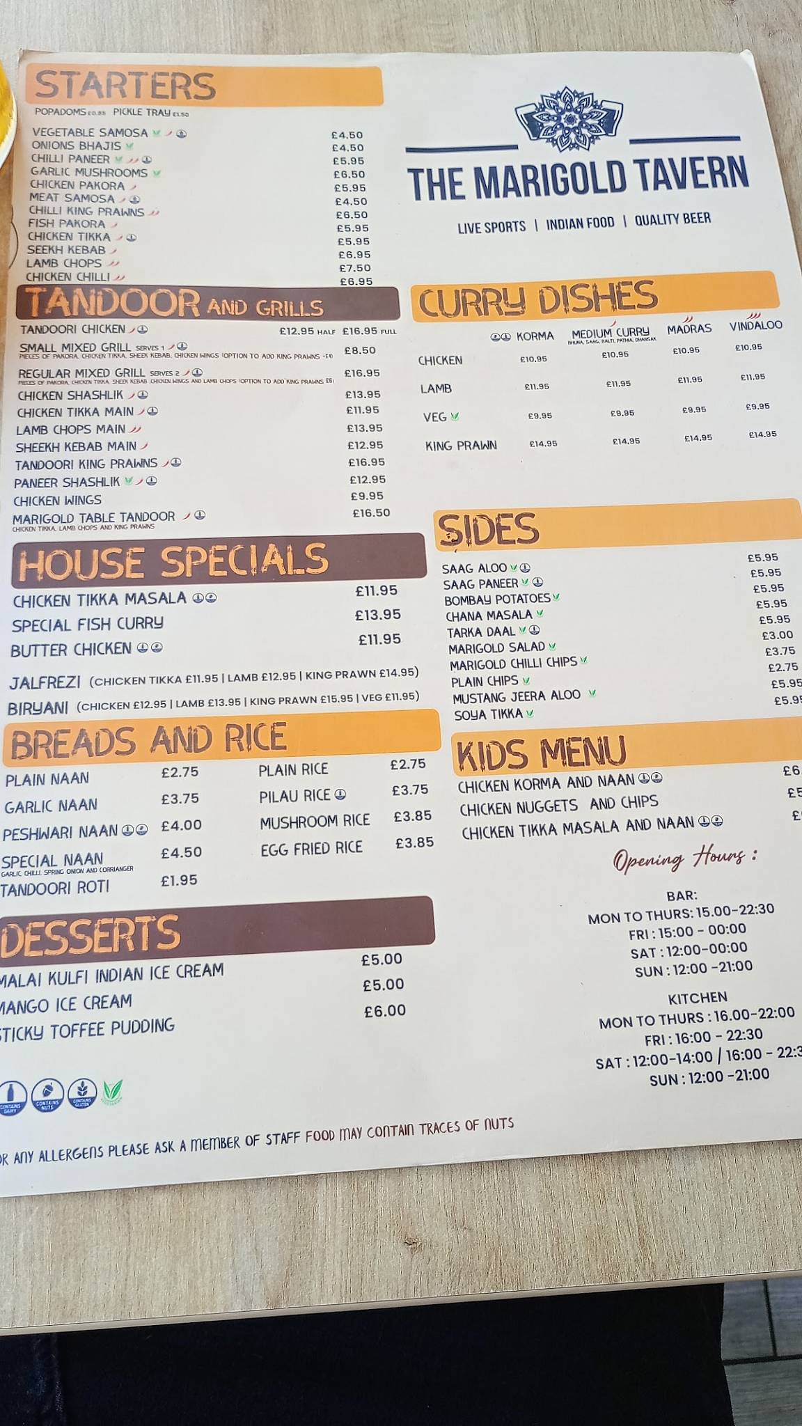 Menu at The Marigold Tavern restaurant, Peterborough