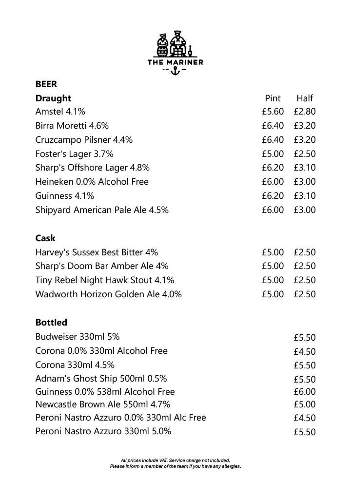 Menu at The Mariner pub & bar, Folkestone, 16 The Stade