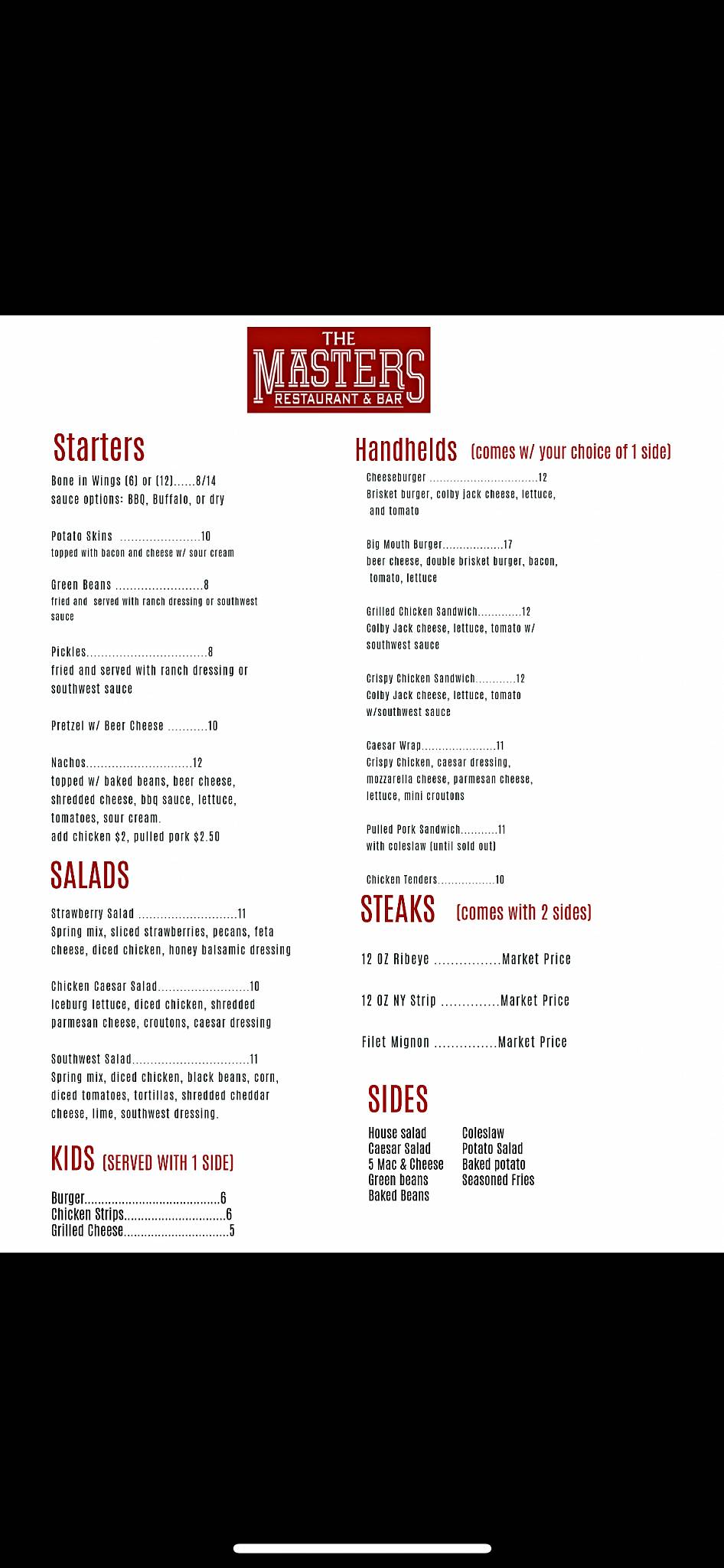 Menu at The Masters Restaurant & Bar, Murphysboro