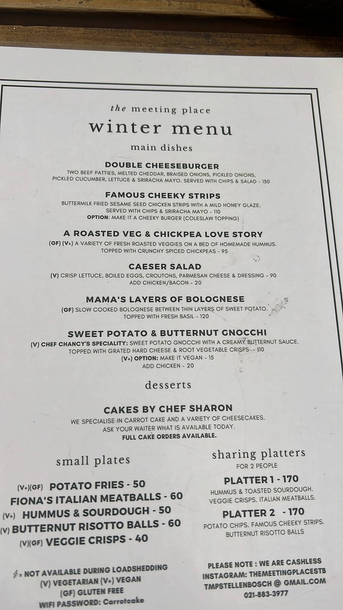 Menu at The Meeting Place. restaurant, Stellenbosch, 87 Dorp St
