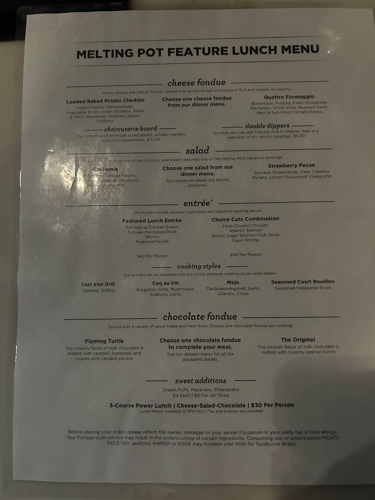 Menu at Melting Pot restaurant, Pittsburgh