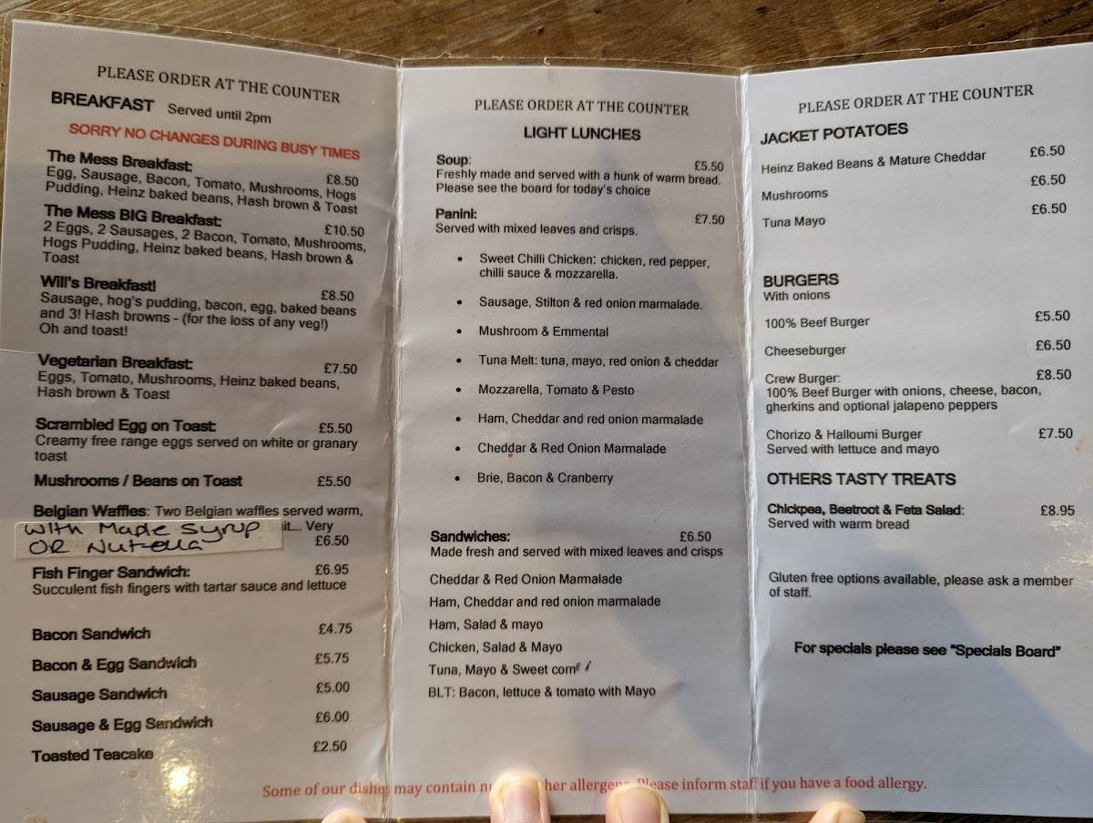 Menu at The Mess Room cafe, Plymouth