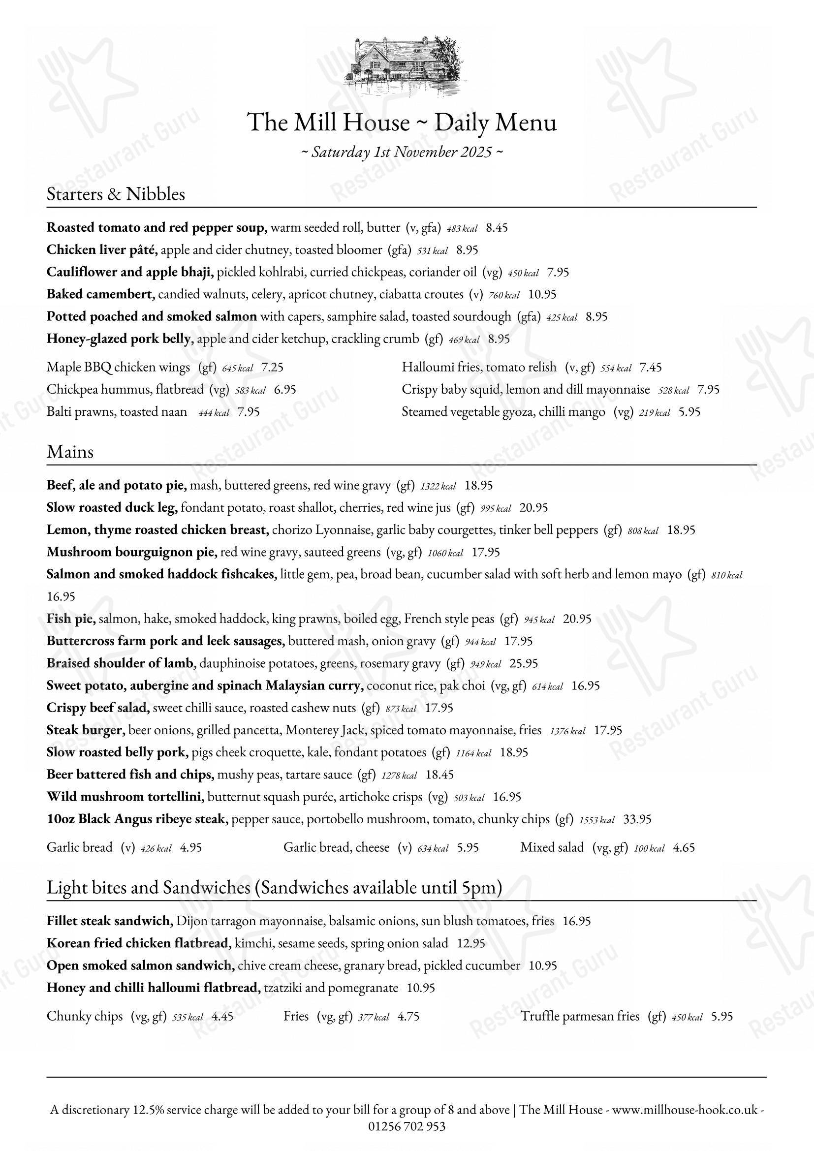 Menu at The Mill House pub & bar, North Warnborough