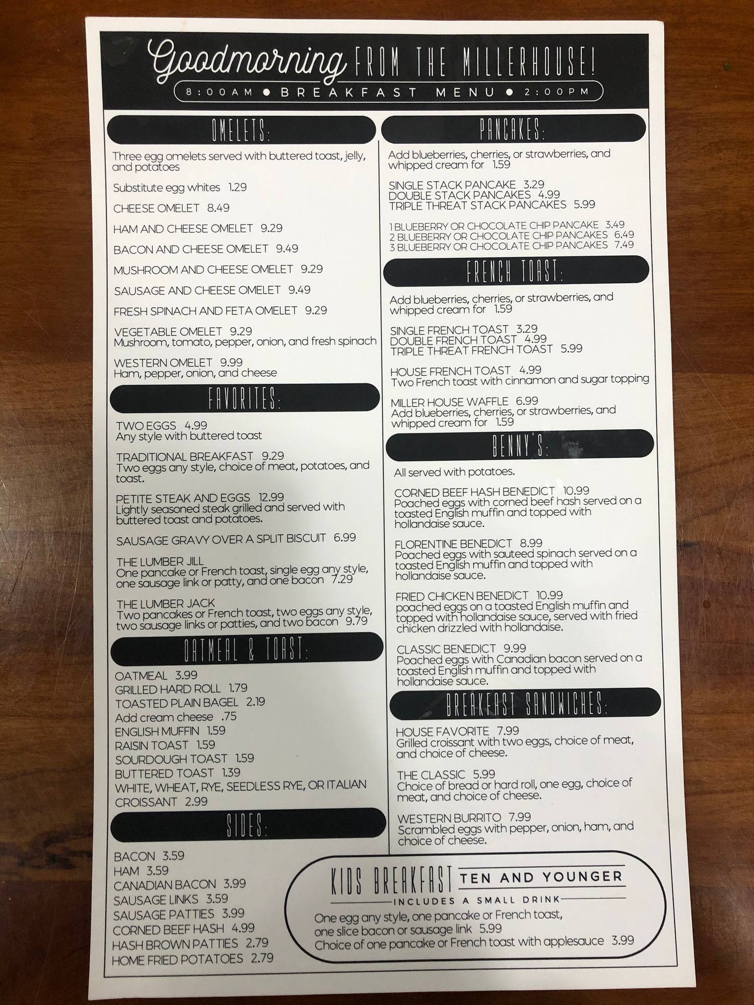 Menu at The Miller House restaurant, Alden