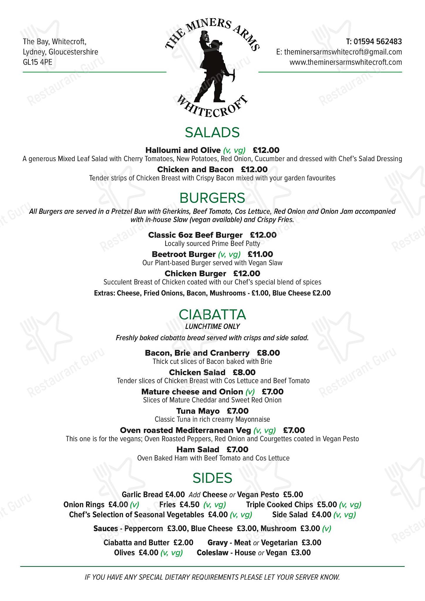 Menu at The Miners Arms pub & bar, Lydney, The Bay