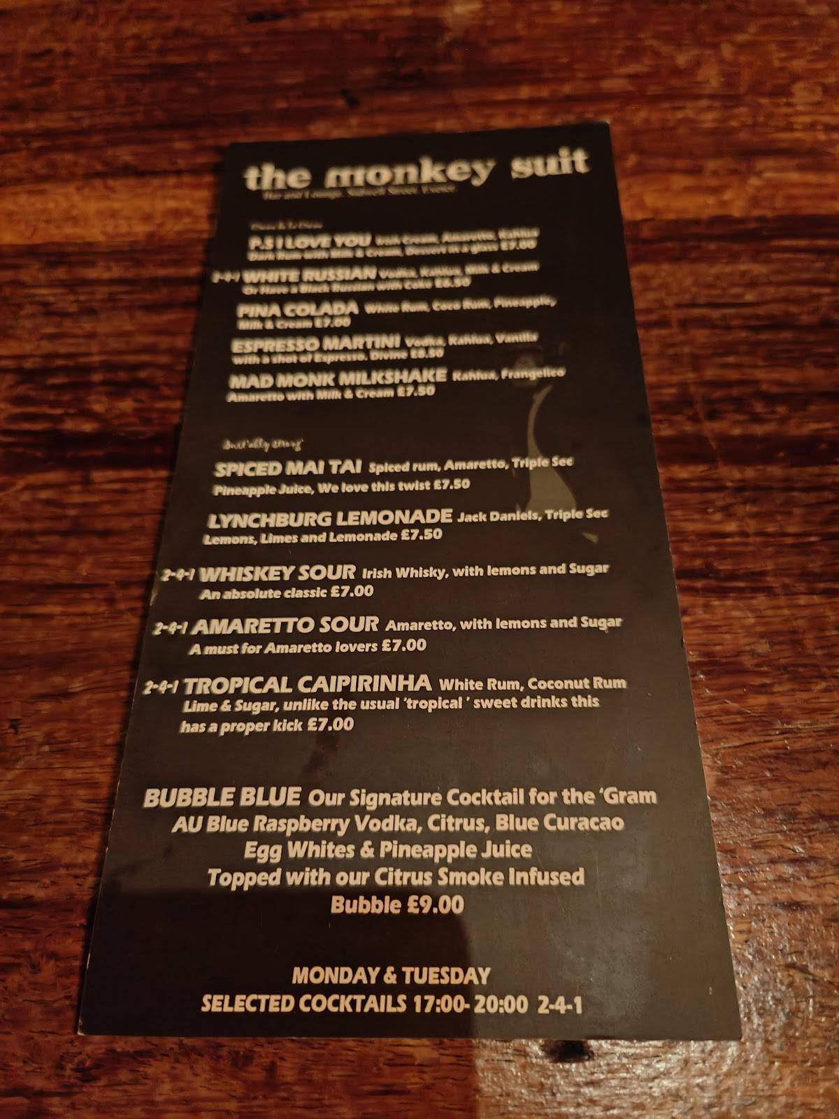 Menu at The Monkey Suit pub & bar, Exeter