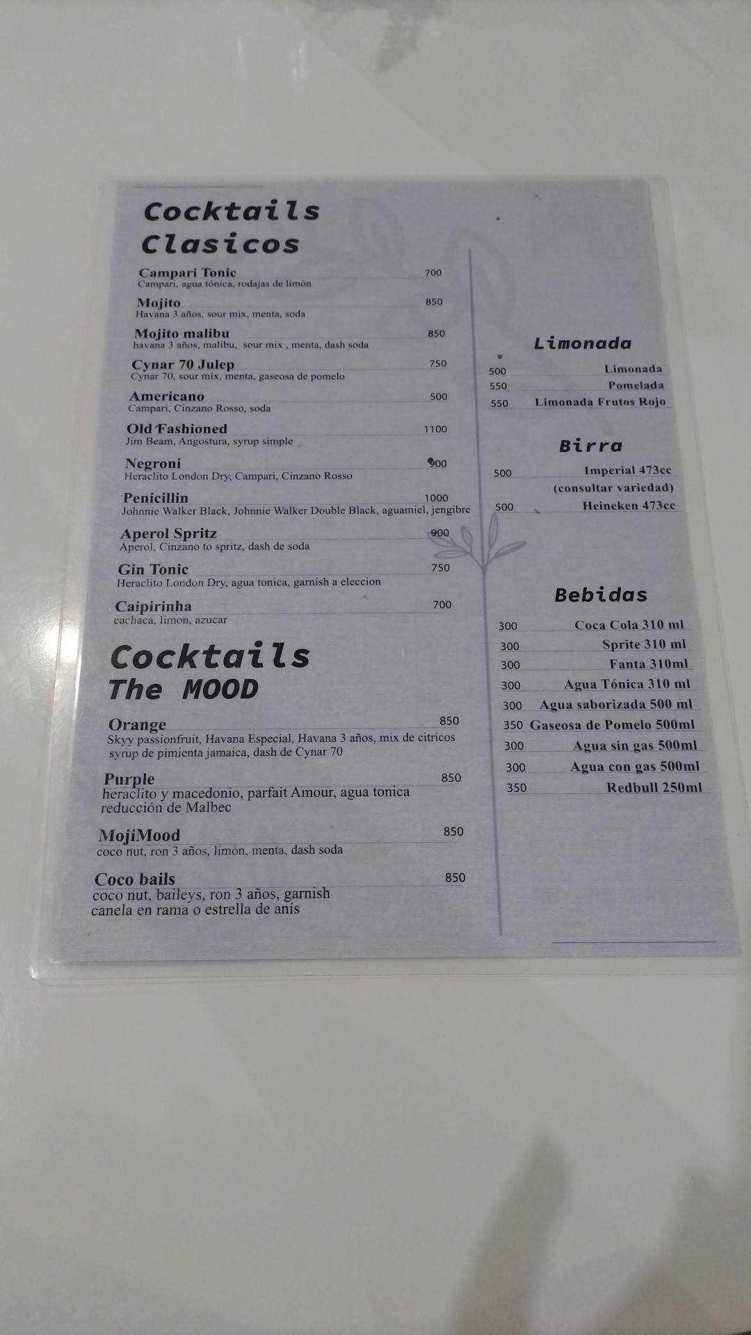 Carta de The Mood café/bar, Argentina