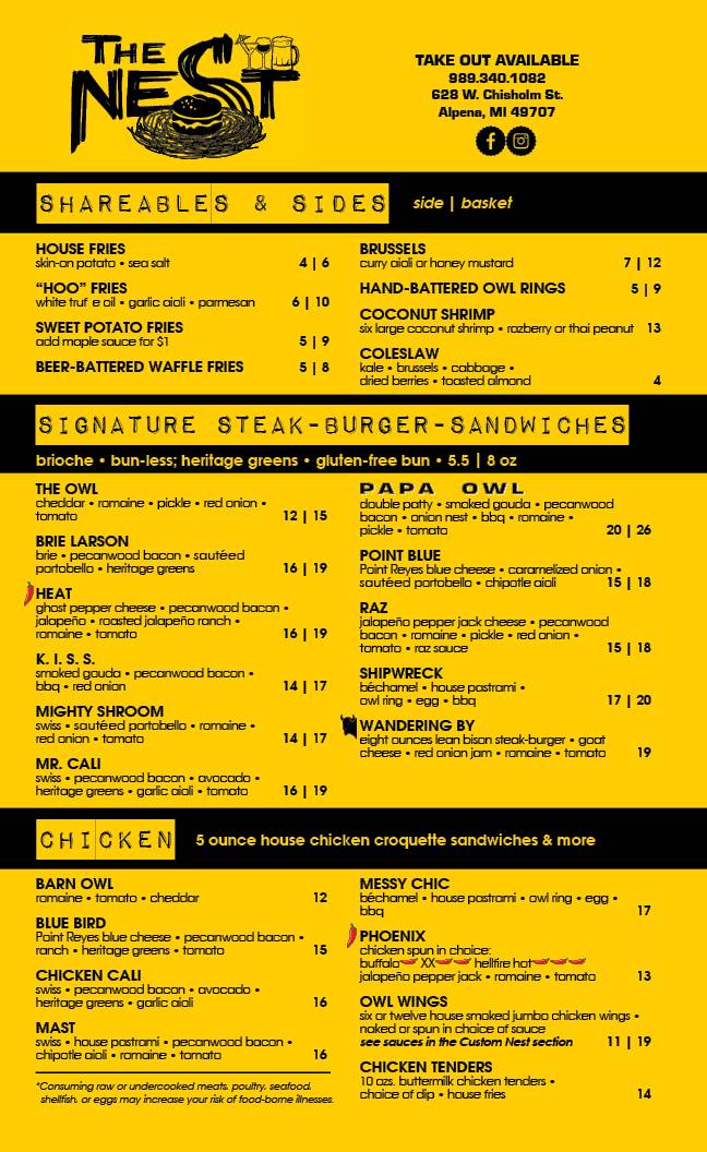 Menu at The Nest pub & bar, Alpena