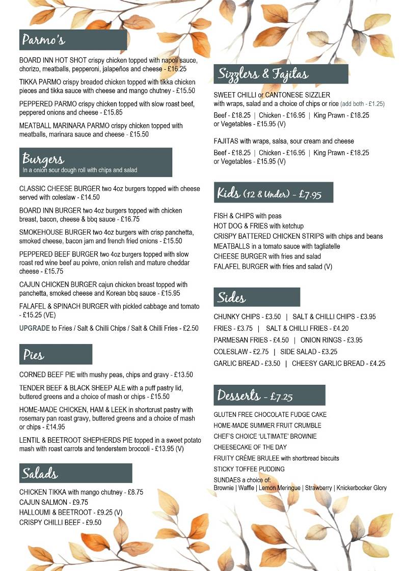 Menu at The New Board Inn pub & bar, Langley Park, Hill Top