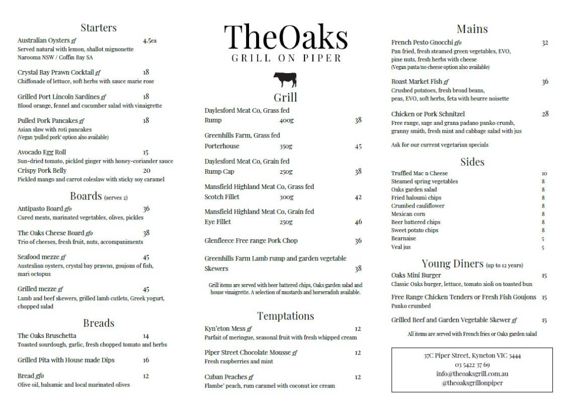 Menu at The Oaks Grill on Piper restaurant, Kyneton