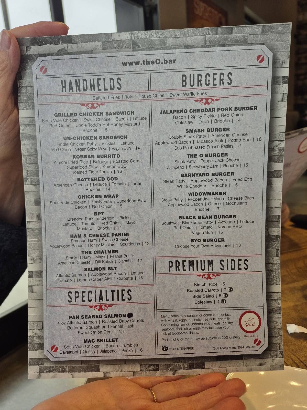 Menu at The Oasis pub & bar, Goshen