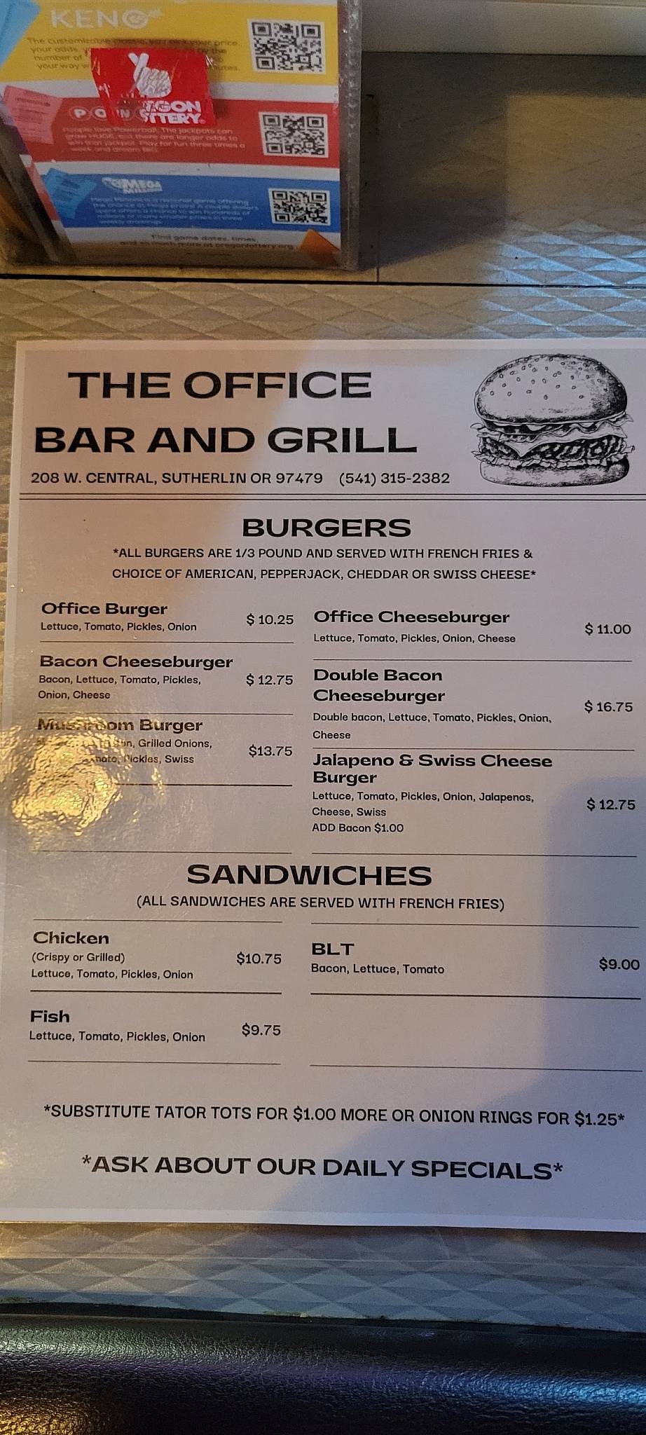 Menu at The Office pub & bar, Sutherlin