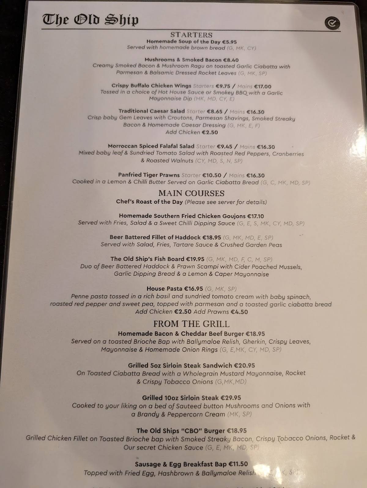 Menu at The Old Ship Inn pub & bar, Arklow