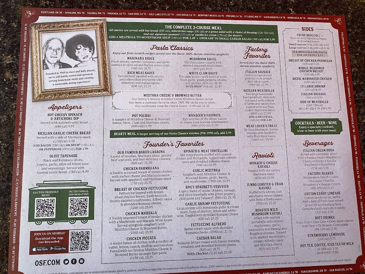 Menu at The Old Spaghetti Factory restaurant, Honolulu
