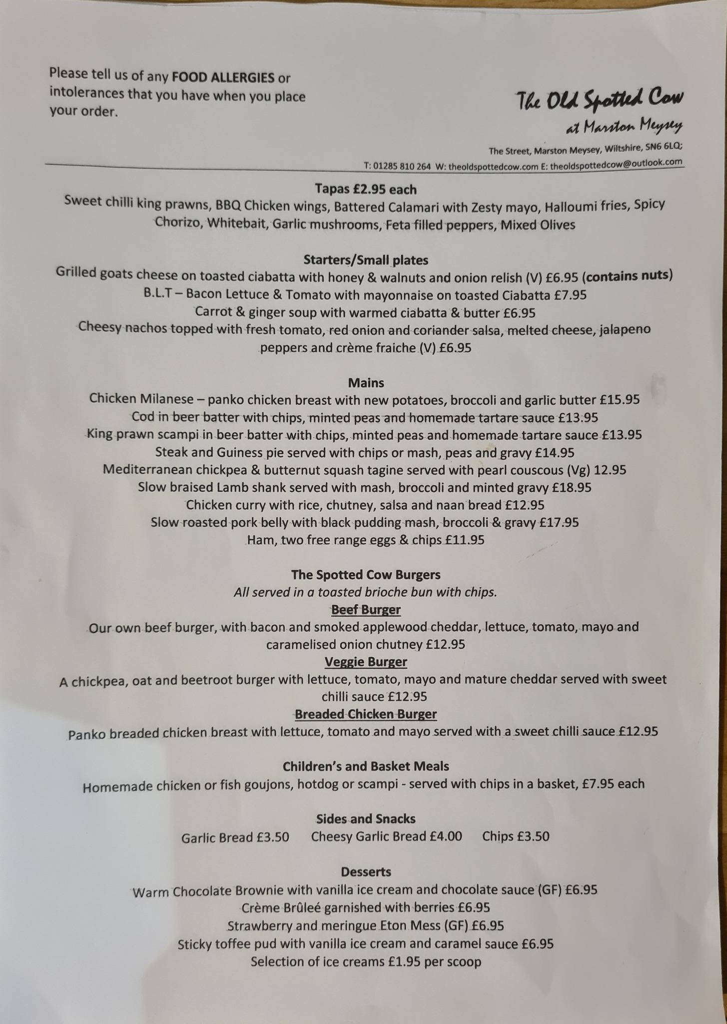 Menu at The Old Spotted Cow at Marston Meysey pub & bar, Marston Meysey