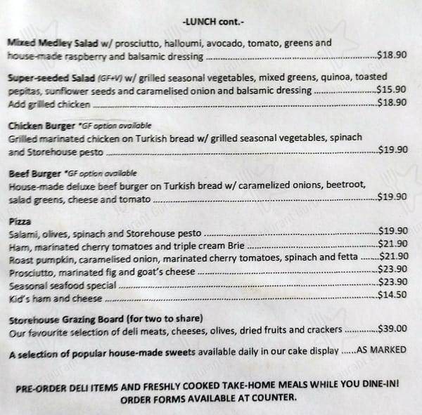 Menu at The Old Storehouse cafe, Dayboro, 30 Williams St