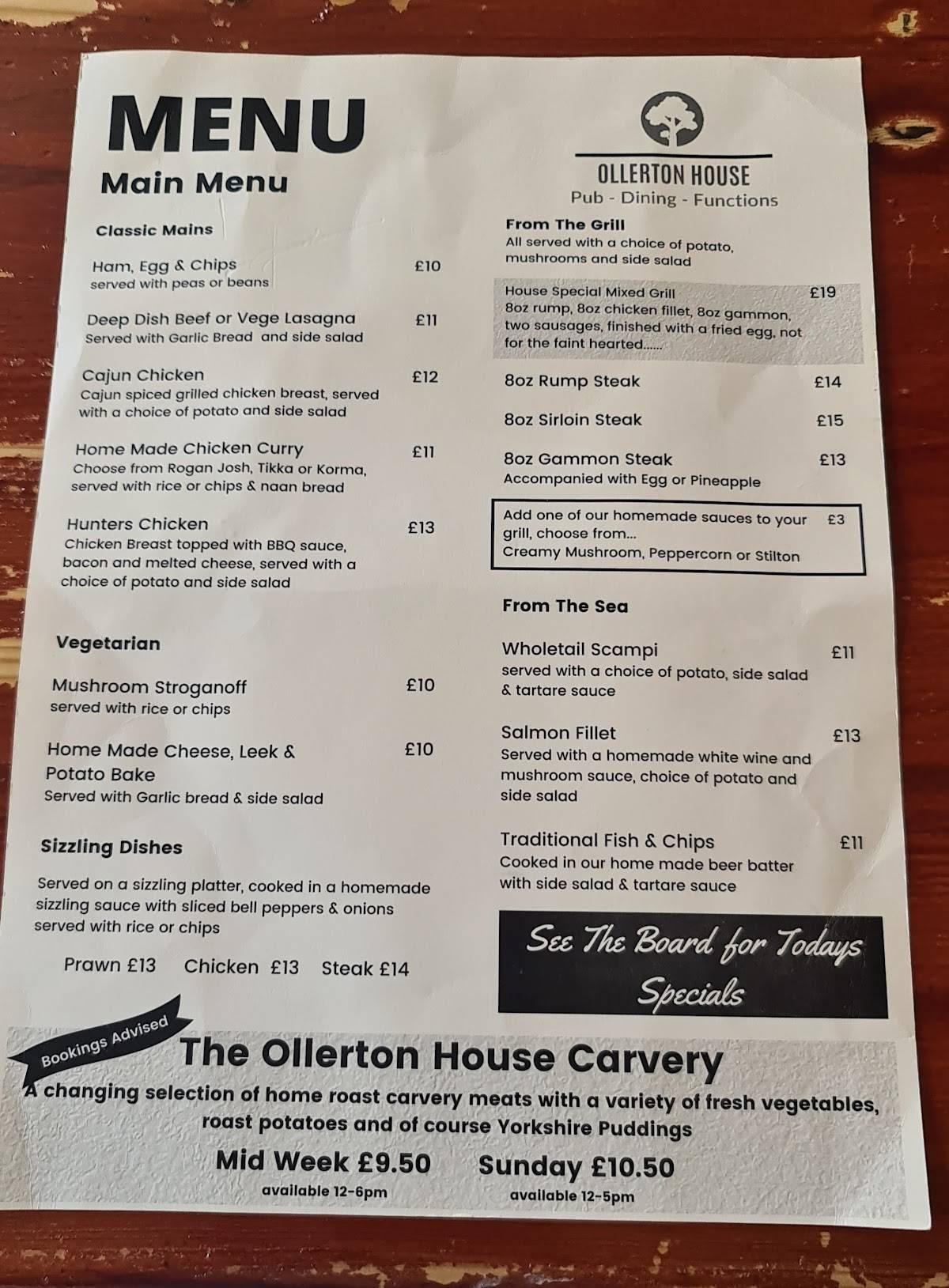 Menu at The Ollerton house pub & bar, Ollerton and Boughton