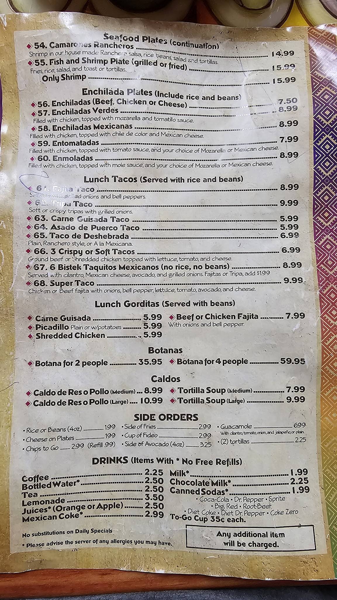 Menu at The Original Blanquita’s restaurant, Harlingen, E Harrison Ave