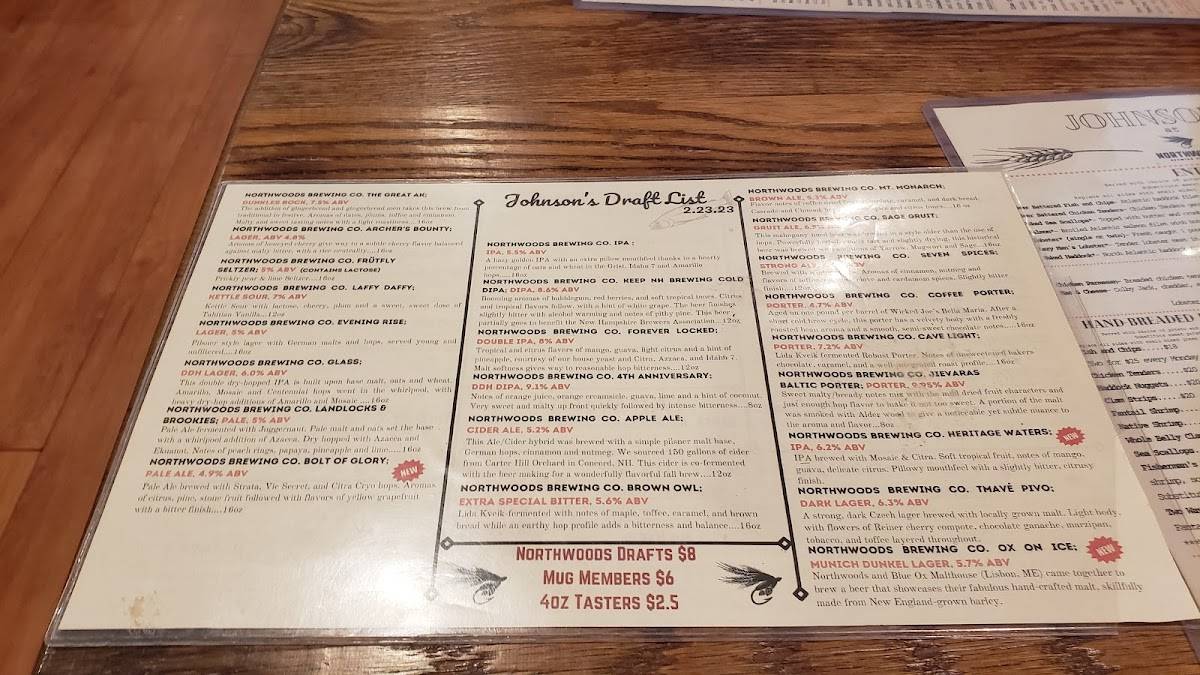 Menu at The Original Johnson's Dairy Bar at Northwoods Brewing Company ...