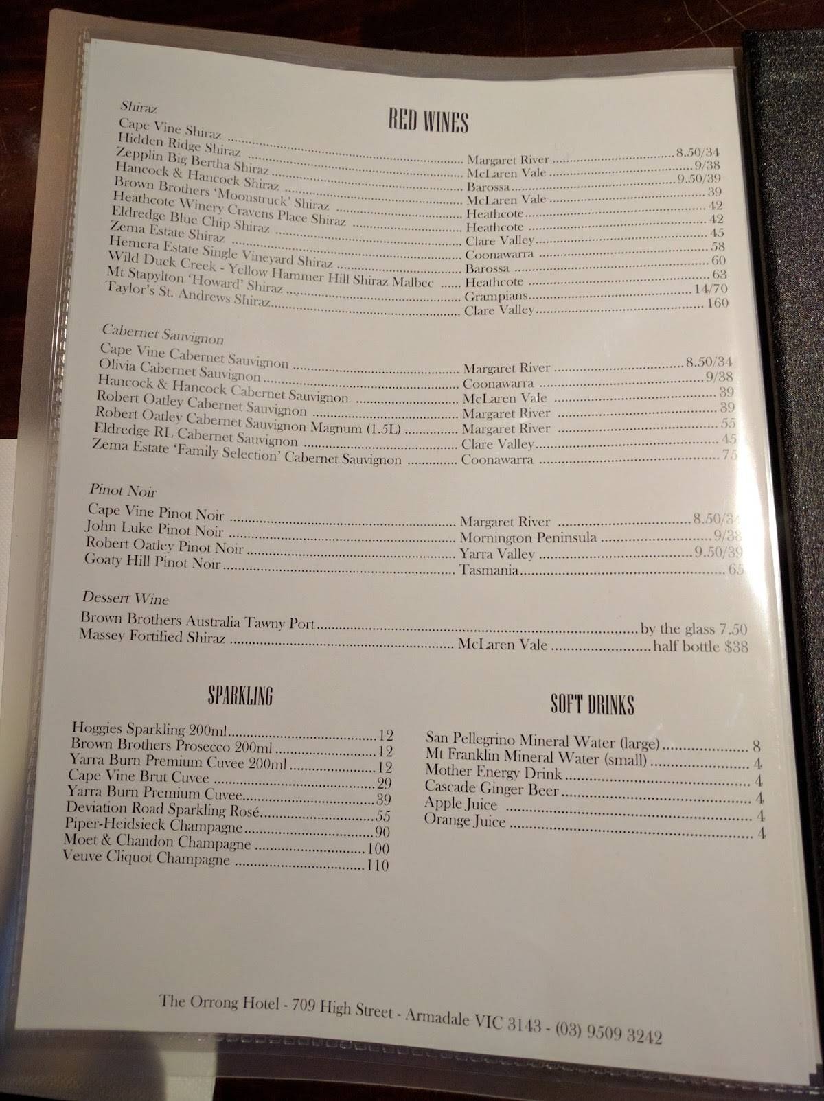 Menu at The Toorak Hotel restaurant, Toorak