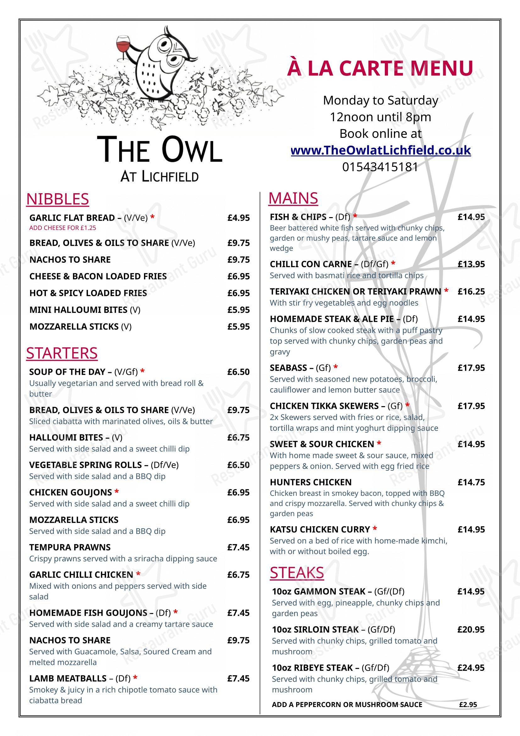 Menu at The Owl at Lichfield pub & bar, Lichfield