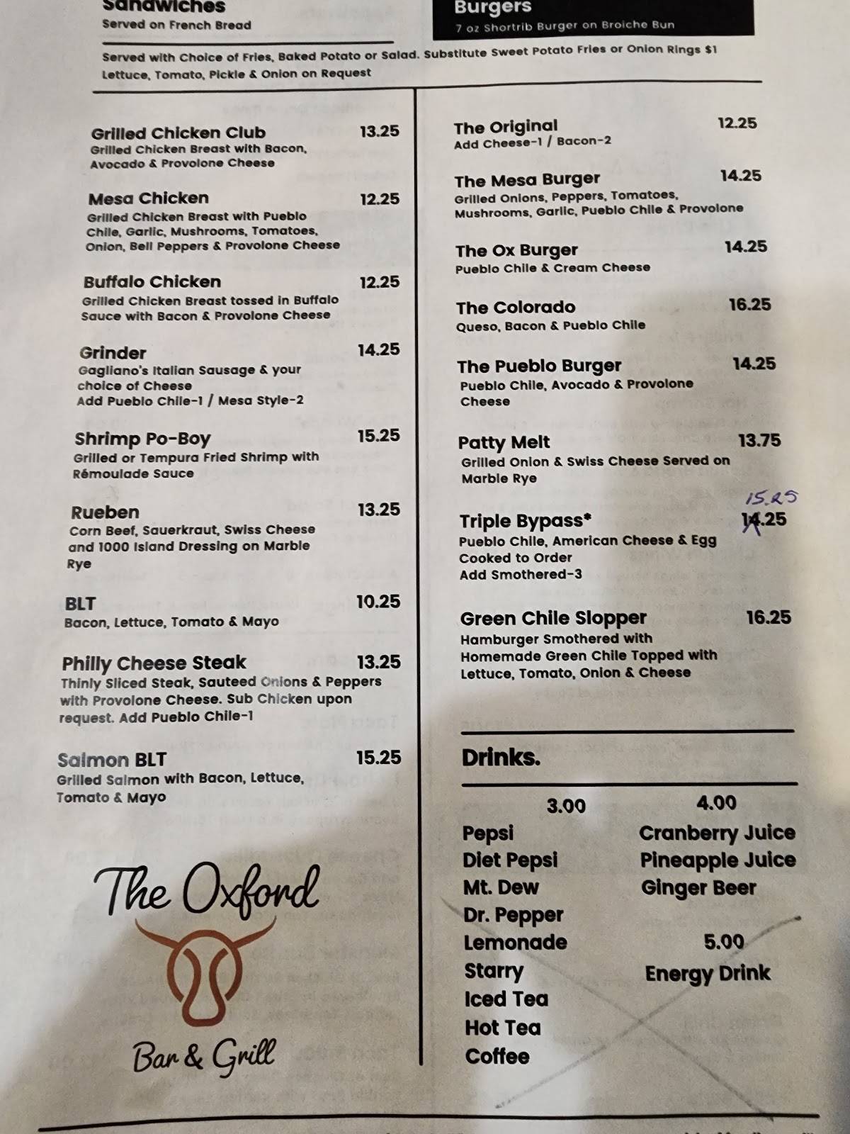 Menu at The Oxford Bar and Grill, Fowler