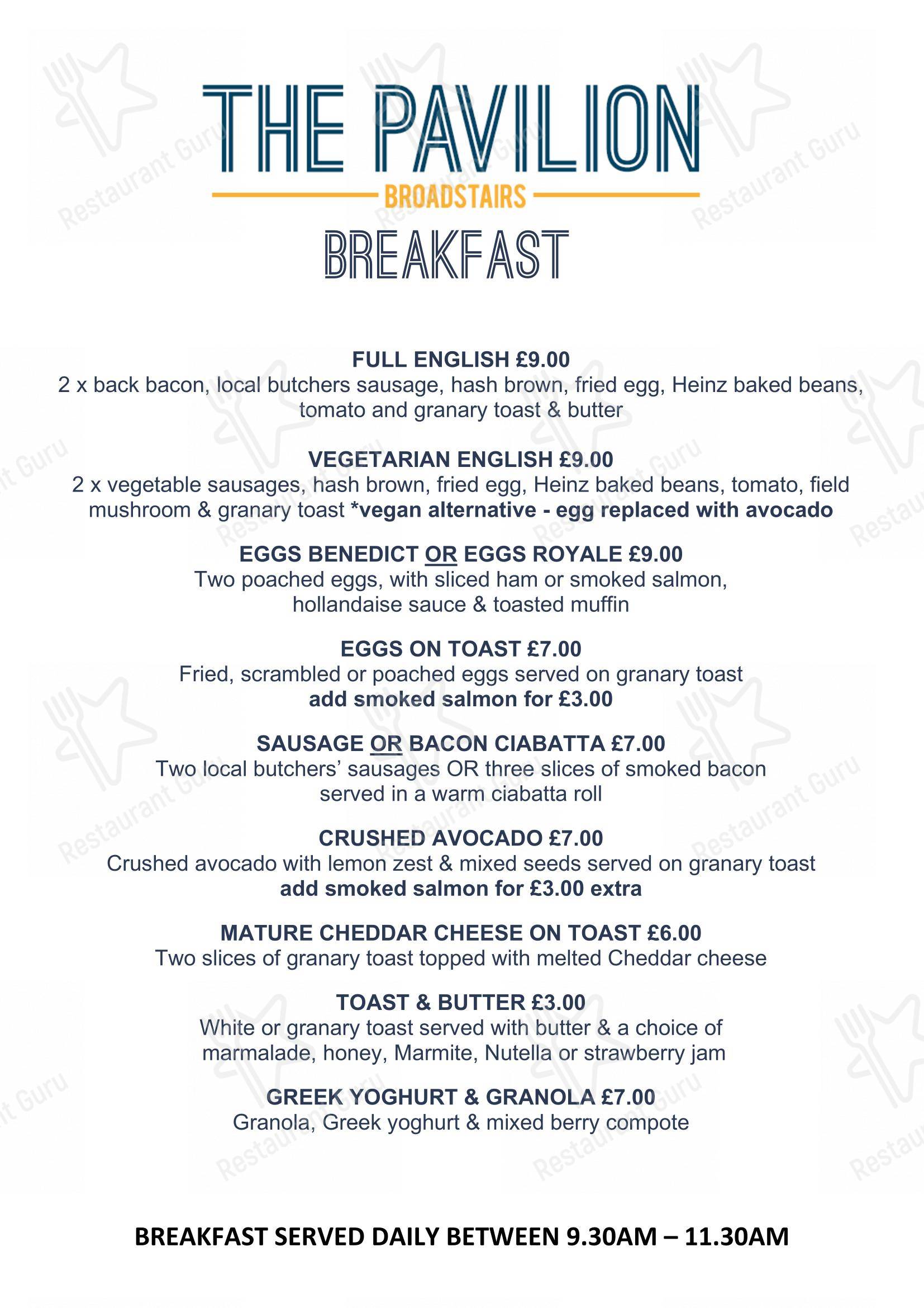 Menu at The Pavilion restaurant, Broadstairs