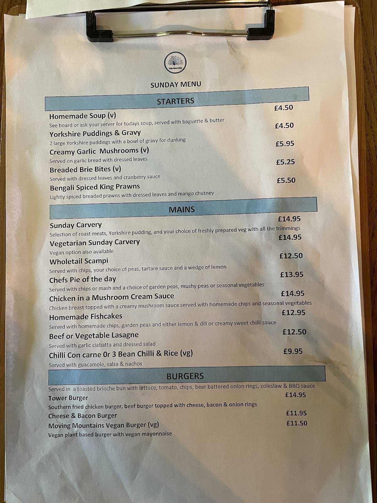 Menu at The Peacock Stannington pub & bar, Sheffield, 714 Stannington Rd