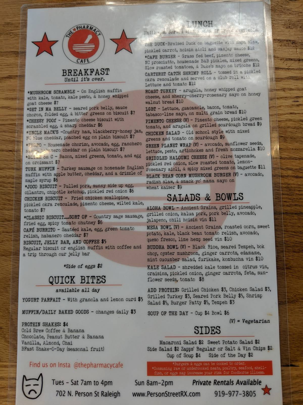 Menu at The Pharmacy Cafe, Raleigh