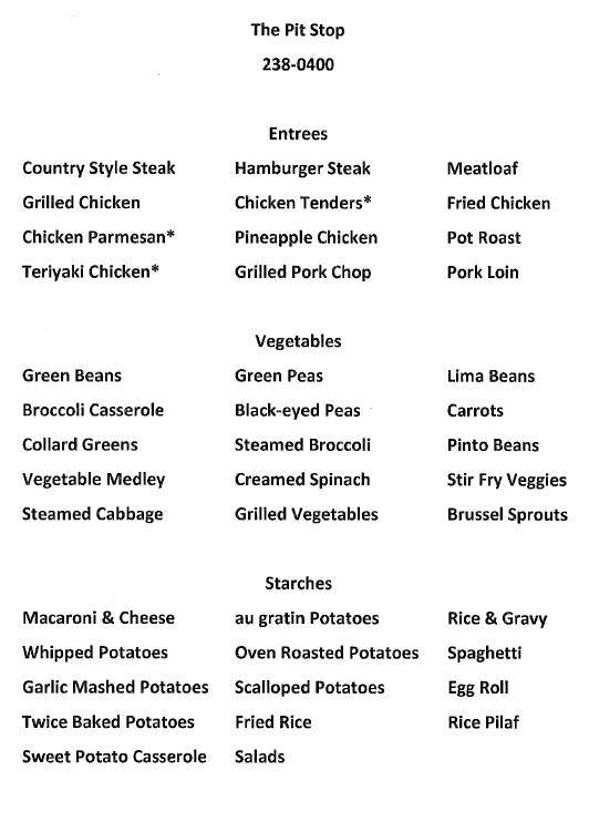 Menu at The Pit Stop Greenville SC restaurant, Greenville