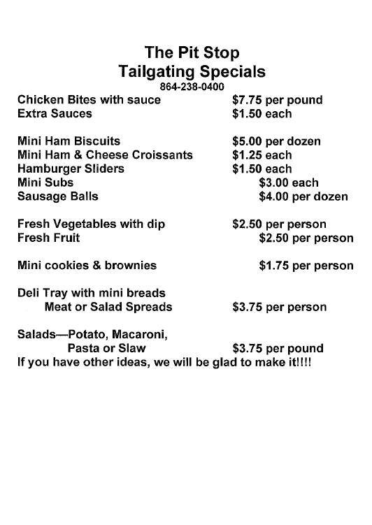 Menu at The Pit Stop restaurant, Greenville