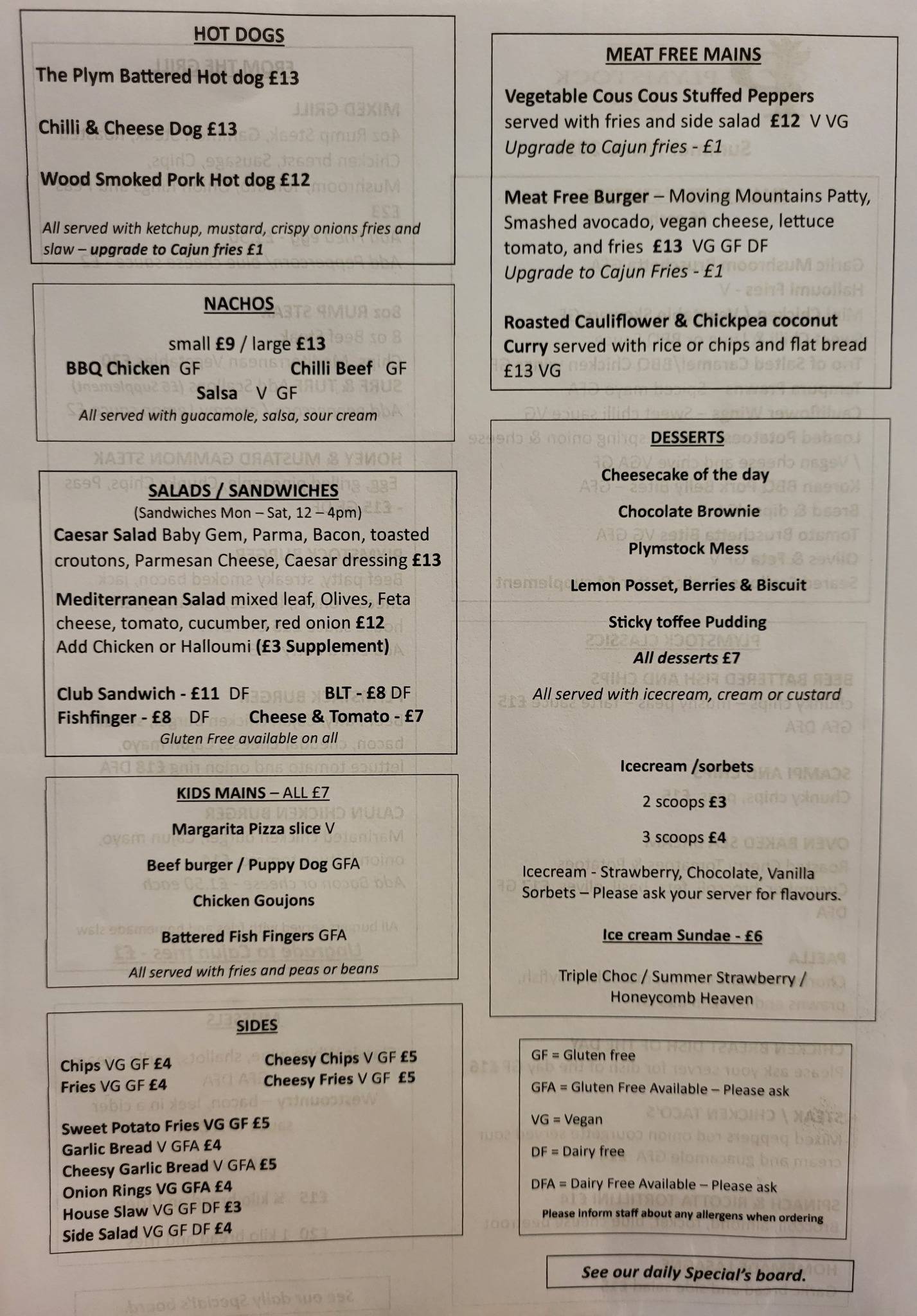 Menu at The Plymstock pub & bar, Plymouth