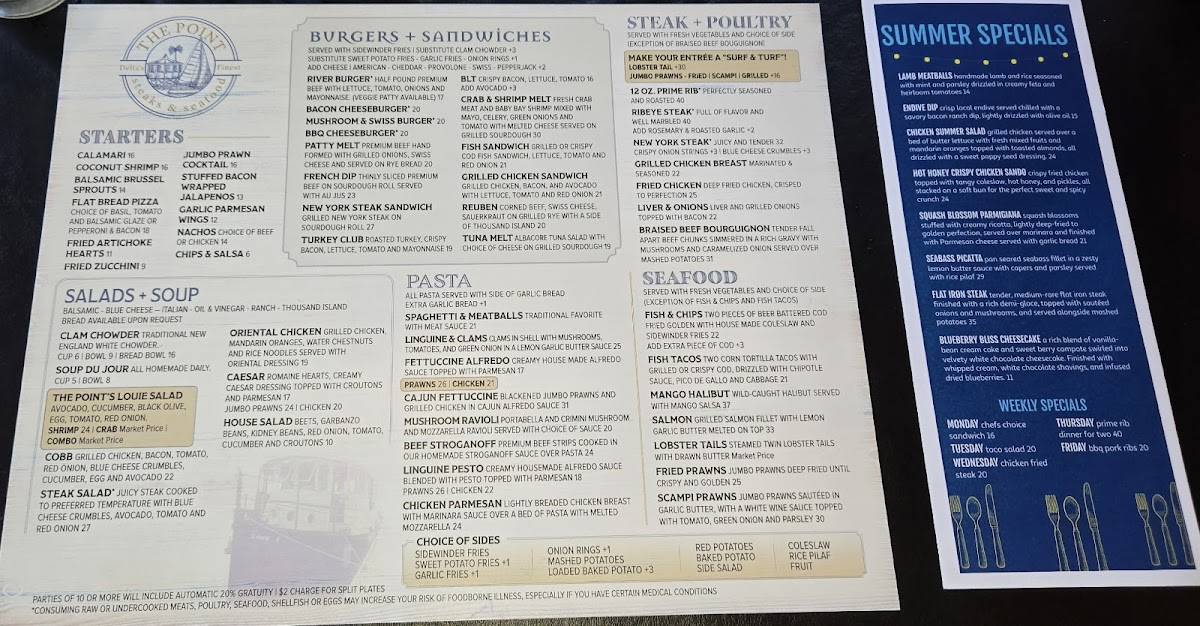 Menu at The Point Restaurant, Rio Vista