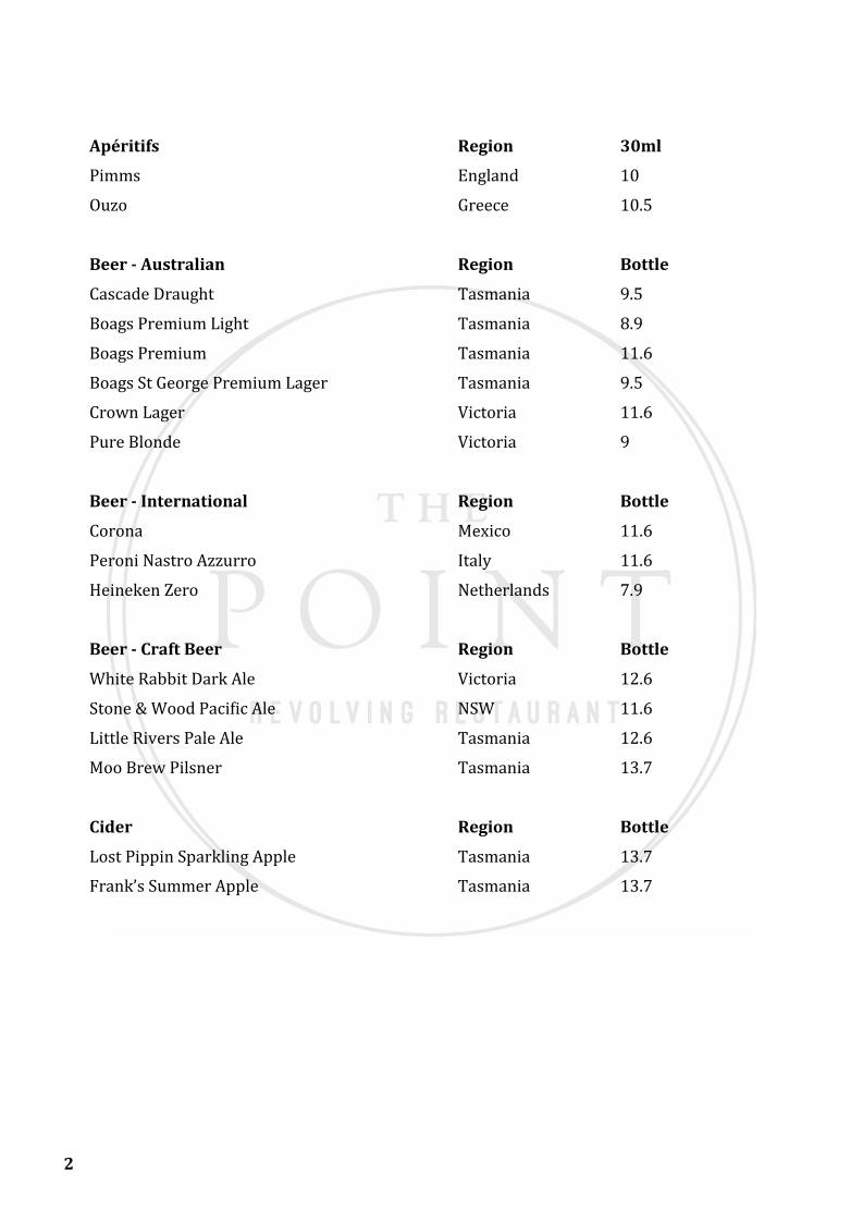 Menu at The Point Revolving Restaurant, Sandy Bay, 410 Sandy Bay Rd