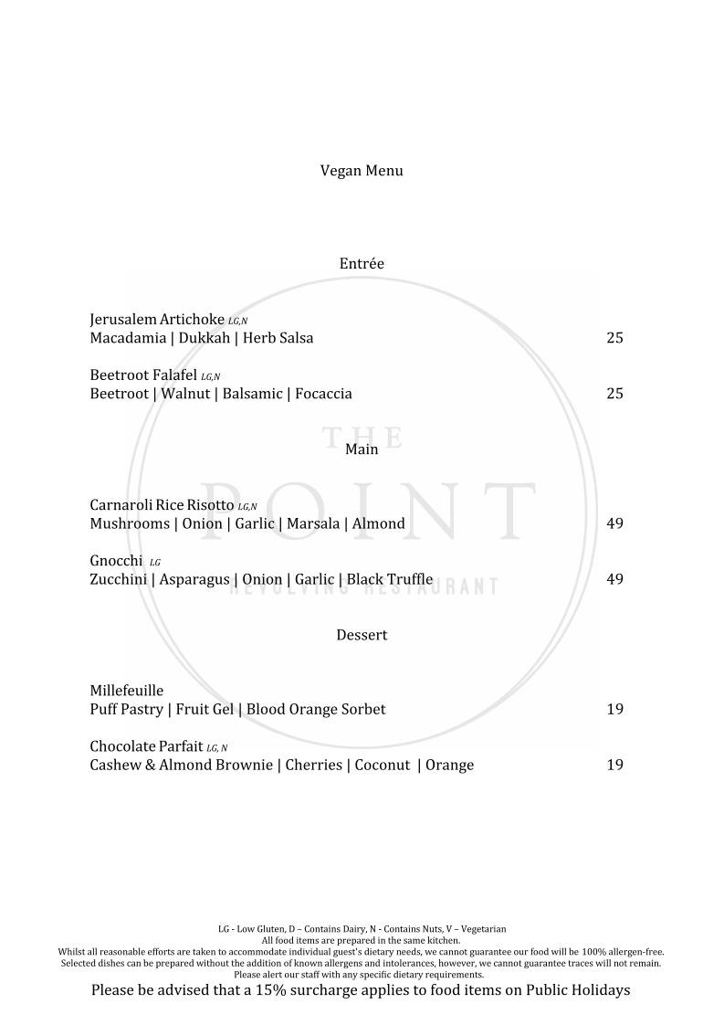 Menu at The Point Revolving Restaurant, Sandy Bay, 410 Sandy Bay Rd