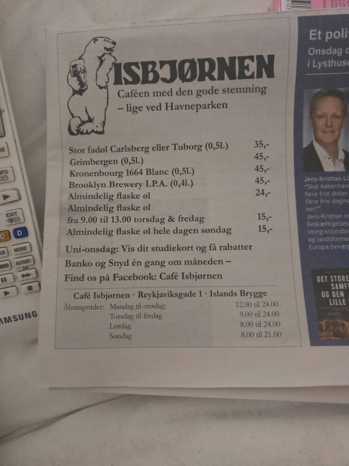 Menu at The Polar Bear by Erik Hansen pub & bar, Copenhagen