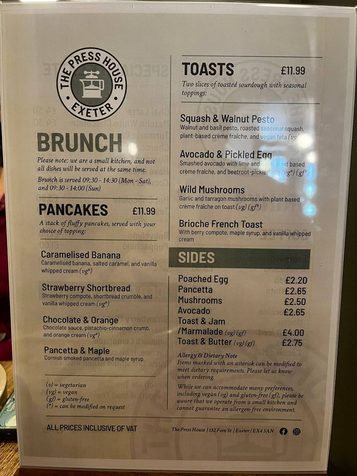 Menu at The Press House restaurant, Exeter