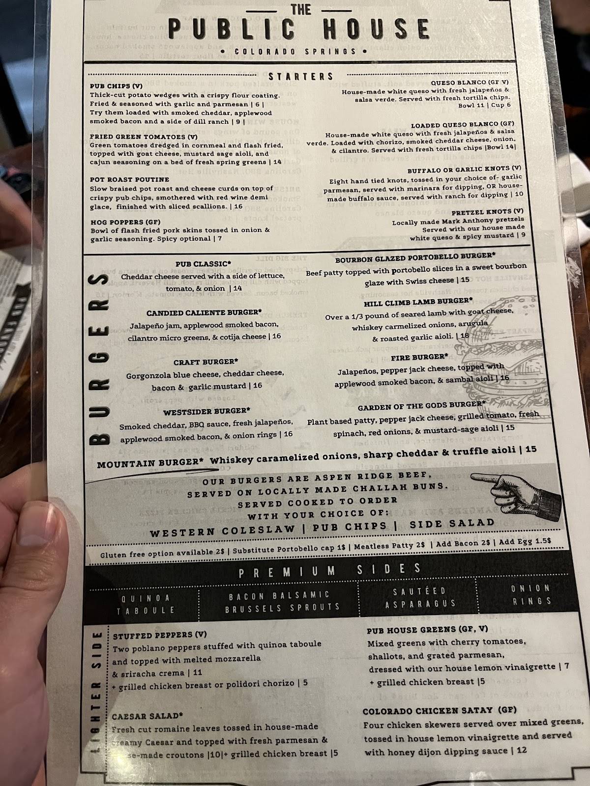 Menu at The Public House, Colorado Springs