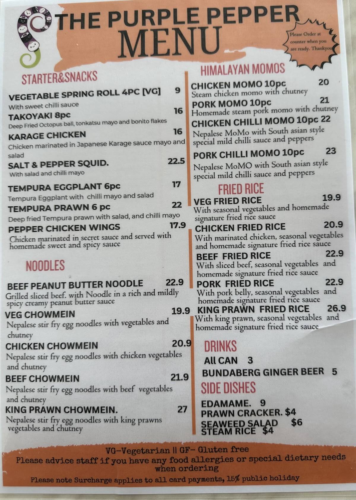 Menu at The Purple Pepper restaurant, Forster