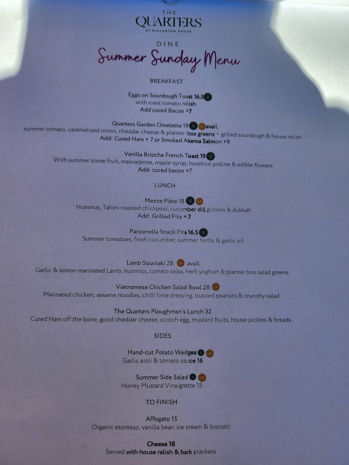 Menu at The Quarters at Riccarton House restaurant, Christchurch