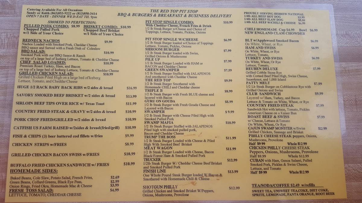Menu at The Red Top Pit Stop BBQ, Lakeland, US Hwy 98 N