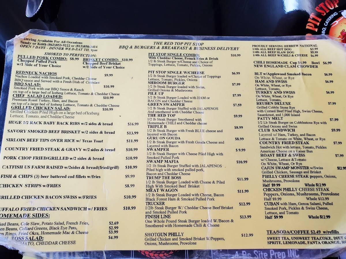 Menu at The Red Top Pit Stop BBQ, Lakeland, US Hwy 98 N