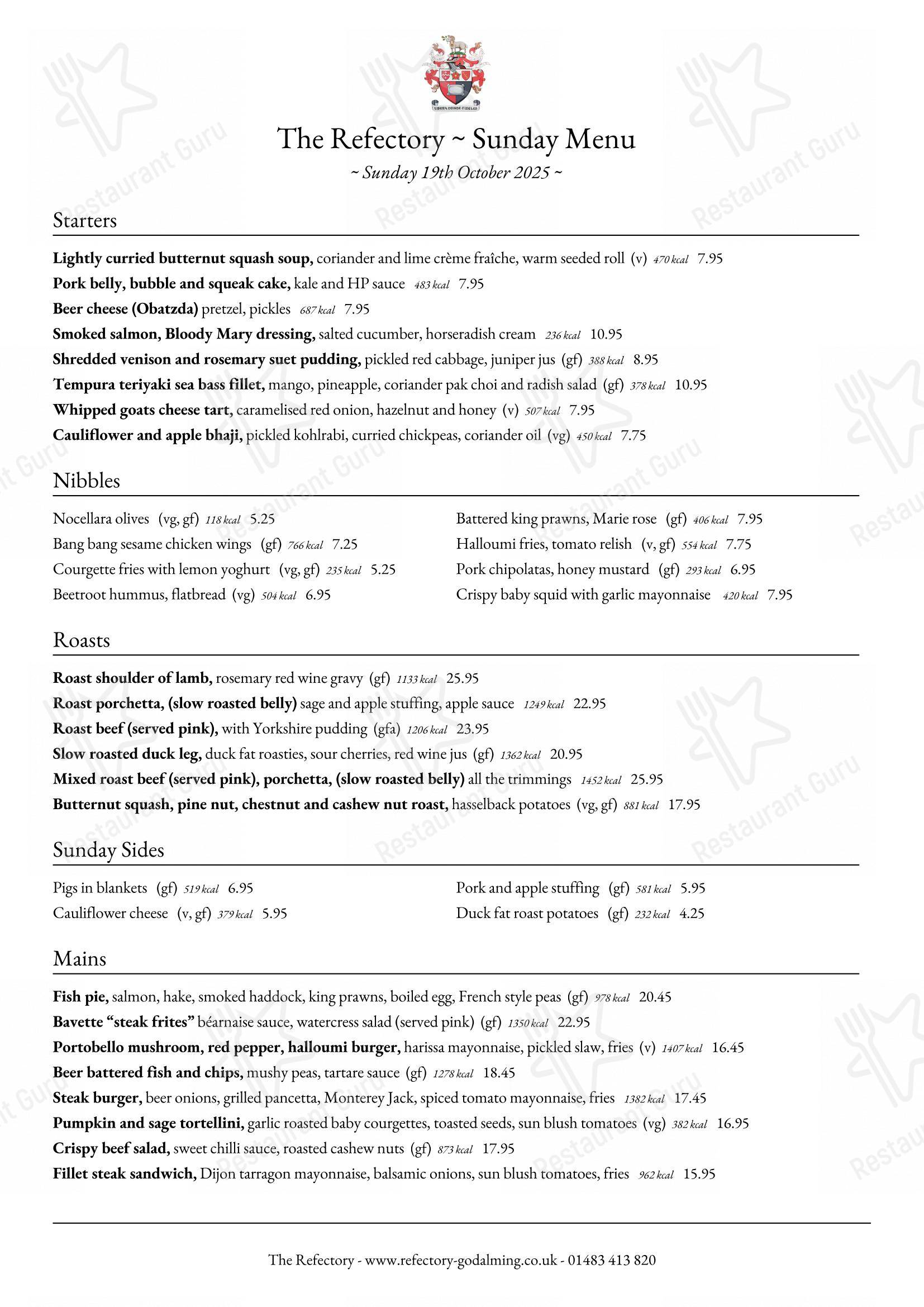 Menu at The Refectory pub & bar, Godalming
