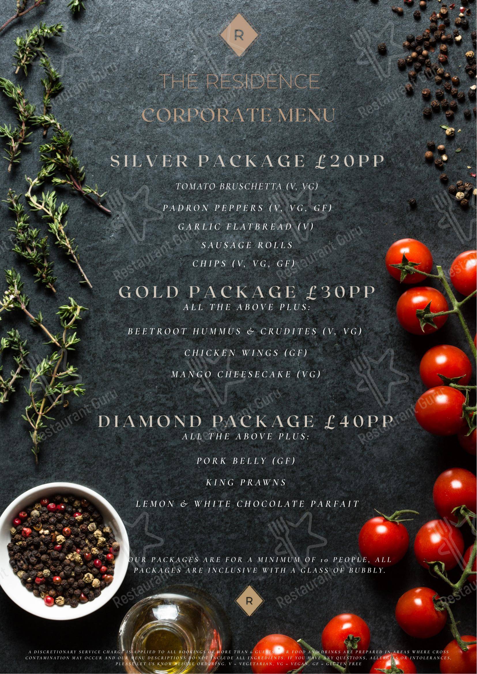 Menu at The Residence Bar & Kitchen, Milton Keynes