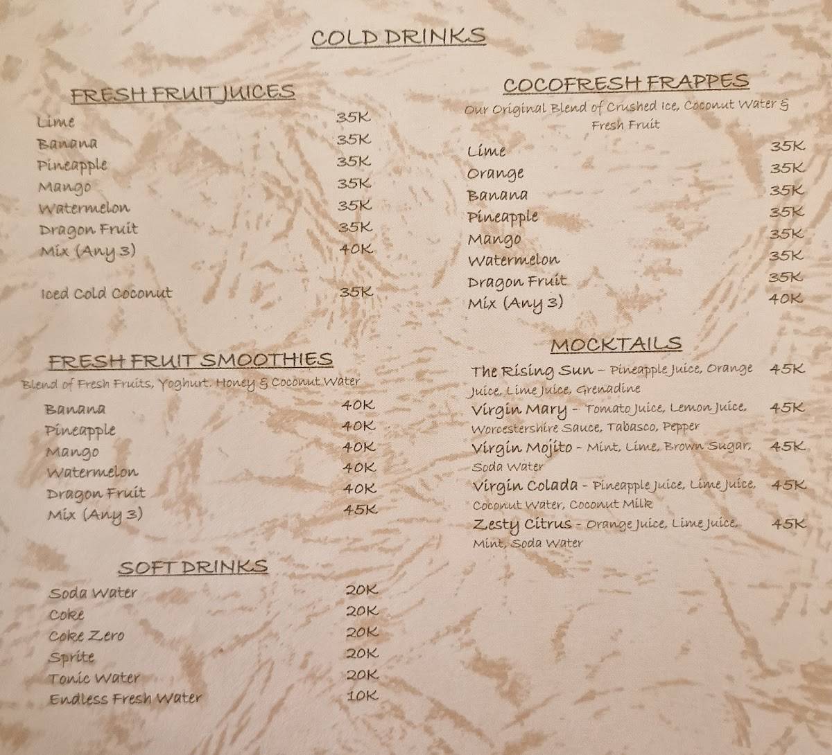 Menu at The Rising Sun Cafe, Indonesia
