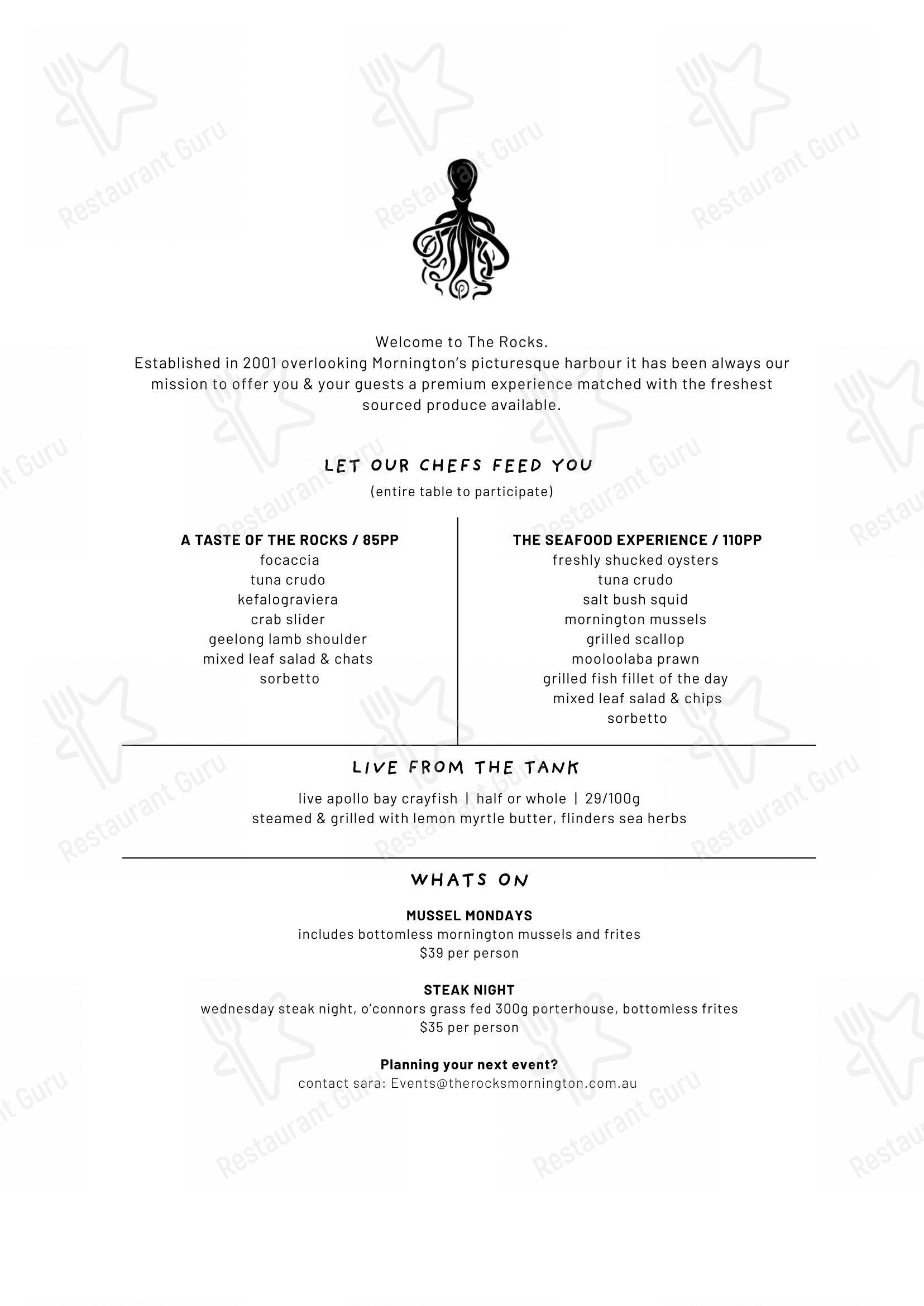 Menu at The Rocks Mornington restaurant, Mornington