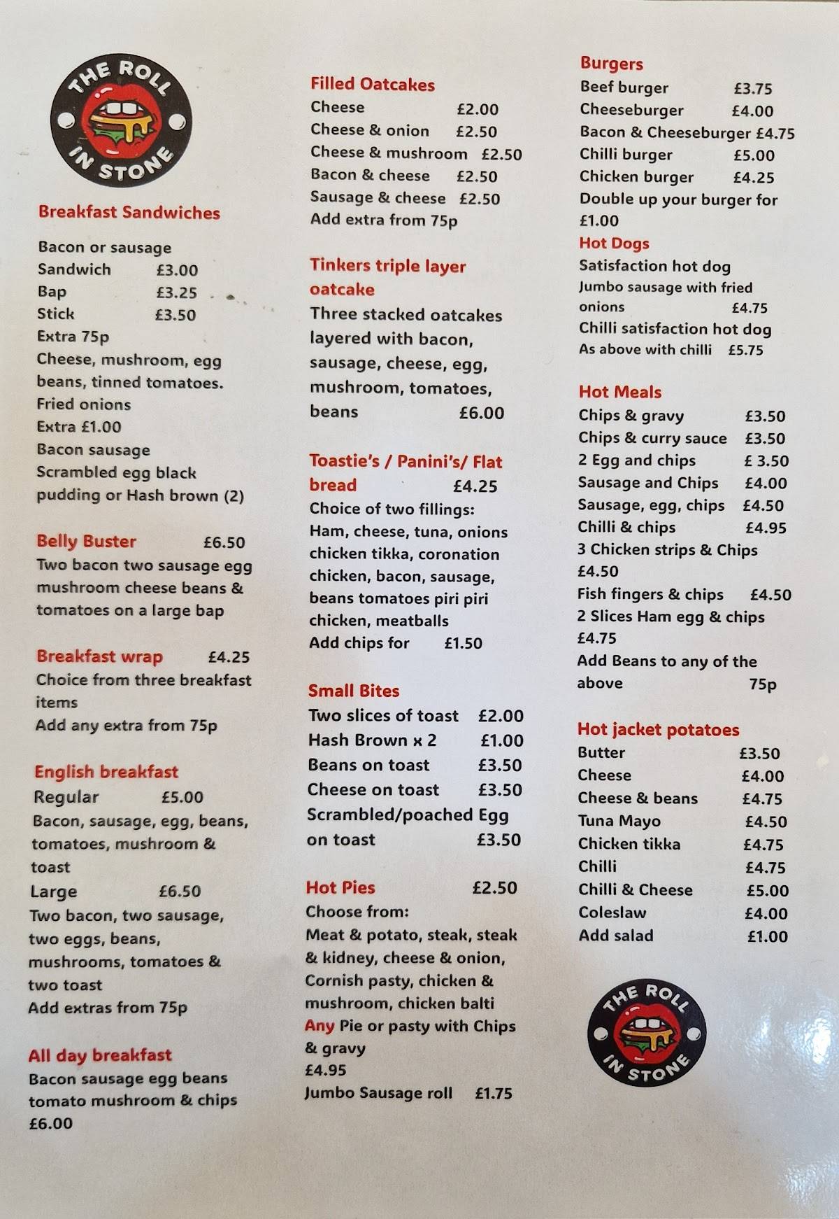 Menu at The Roll in Stone cafe, Stone