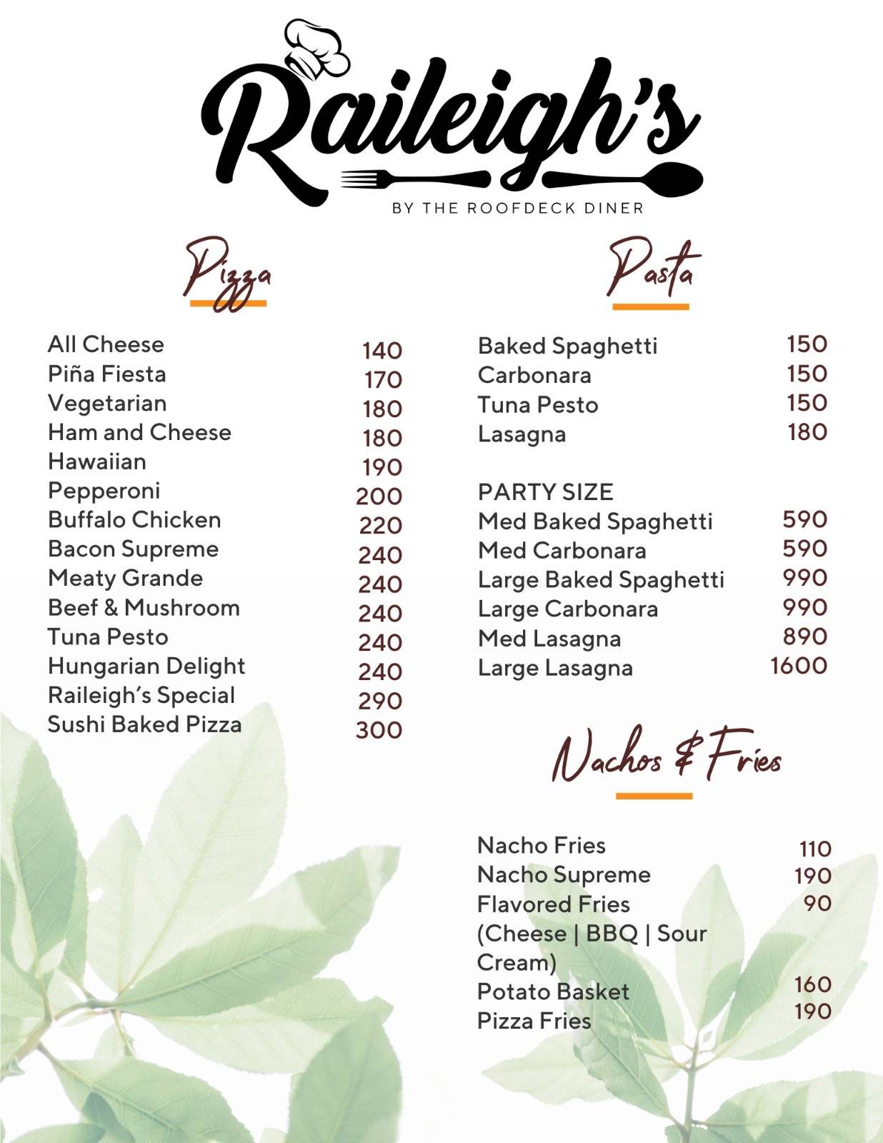 Menu at The Roof Deck Diner restaurant, Ormoc, Rabanet Ruvi Village