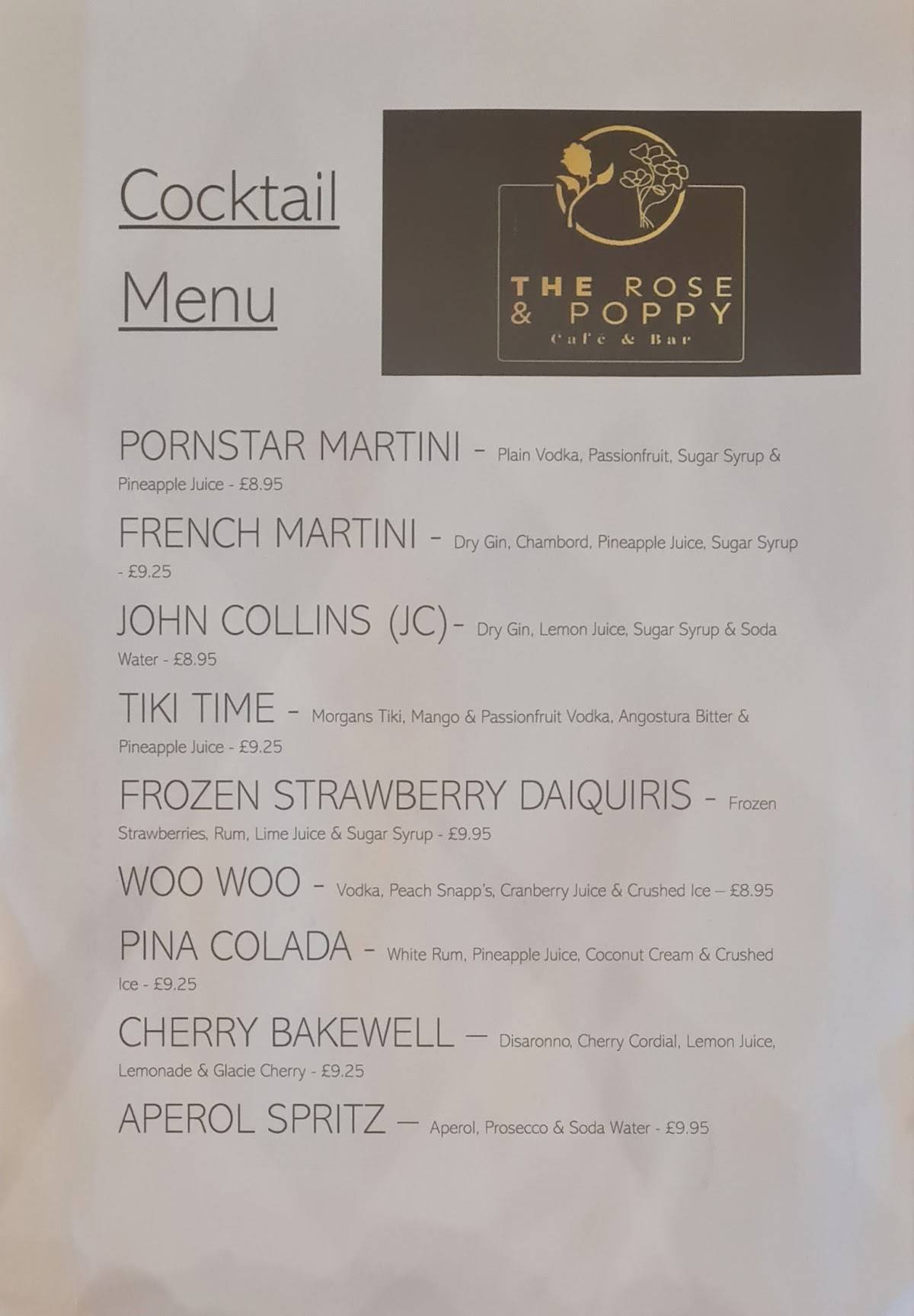 Menu at The Rose and Poppy cafe, Fareham